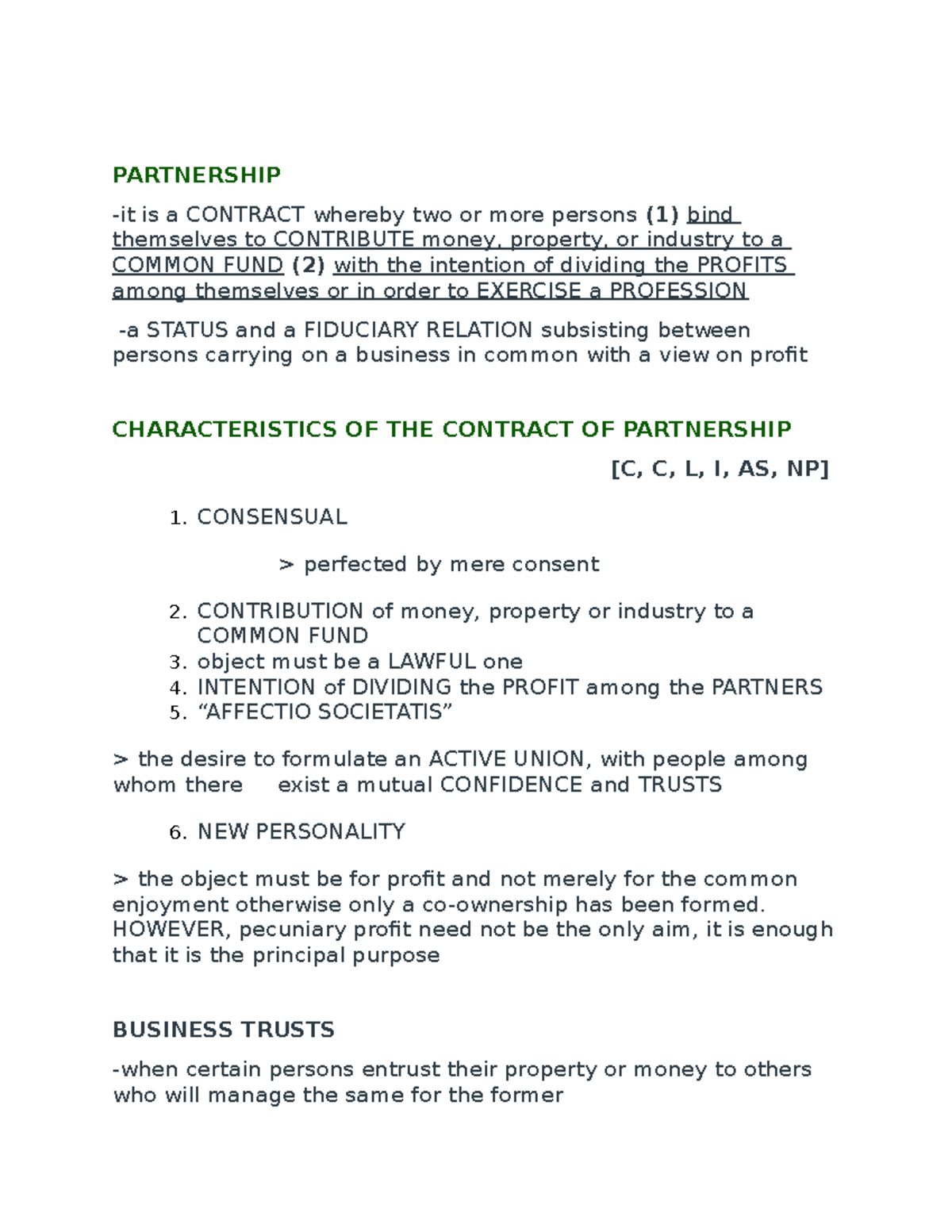 Partnership Notes - PARTNERSHIP -it is a CONTRACT whereby two or more ...