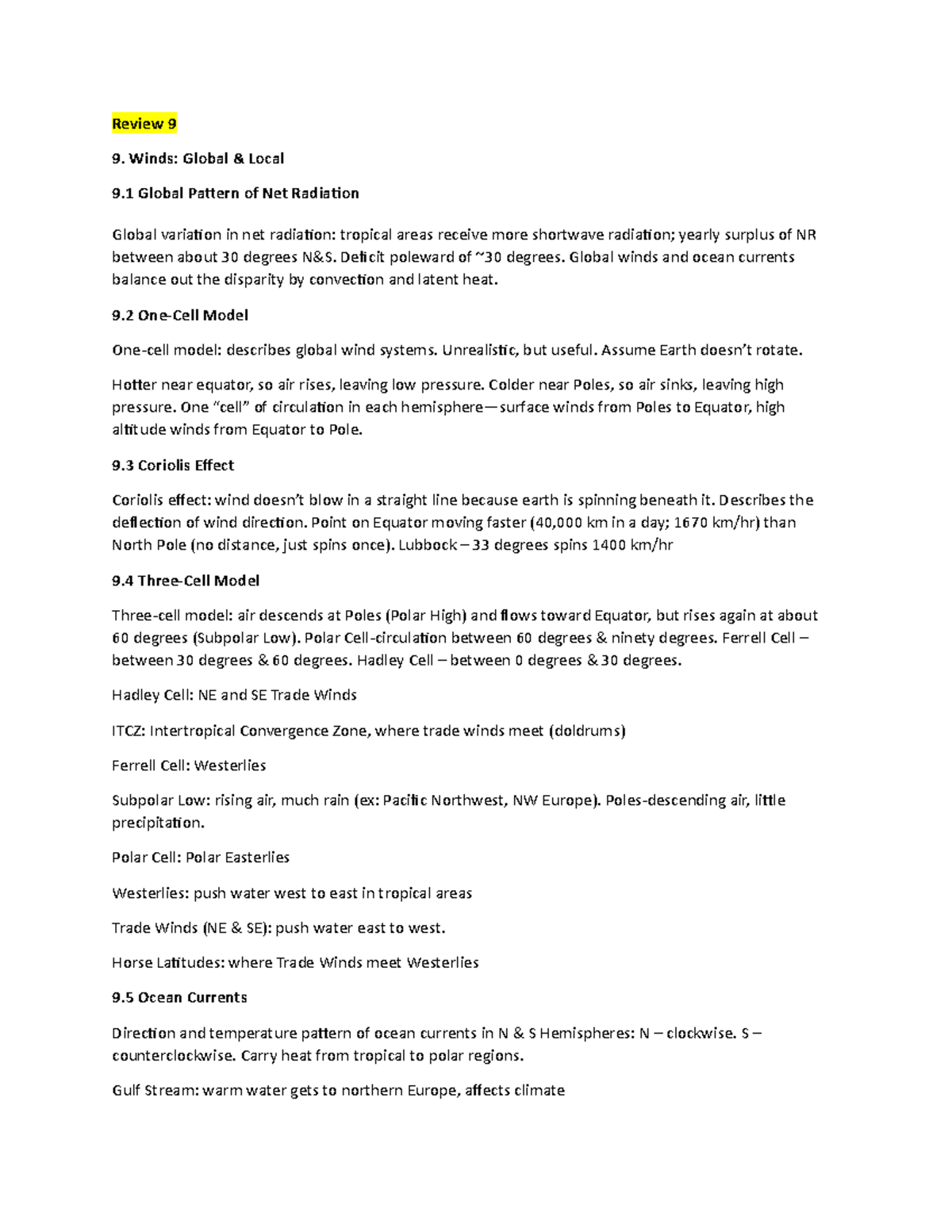 Geography lecture notes 9 - Review 9 9. Winds: Global & Local 9 Global ...