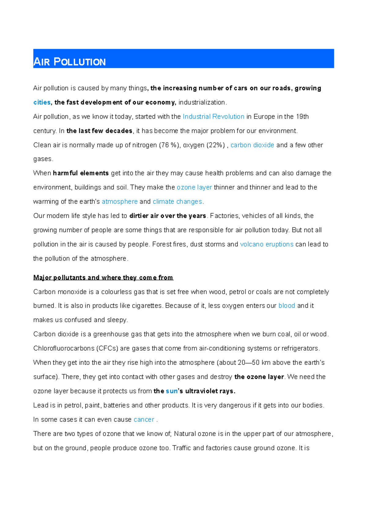 Air Pollution - Texto de ingles - AIR POLLUTION Air pollution is caused ...