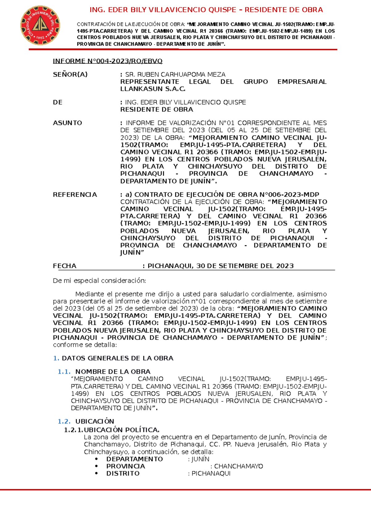 Informe N°004 2023 Valorizacion N°01 Informe N°004 2023 Ro Ebvq SeÑor