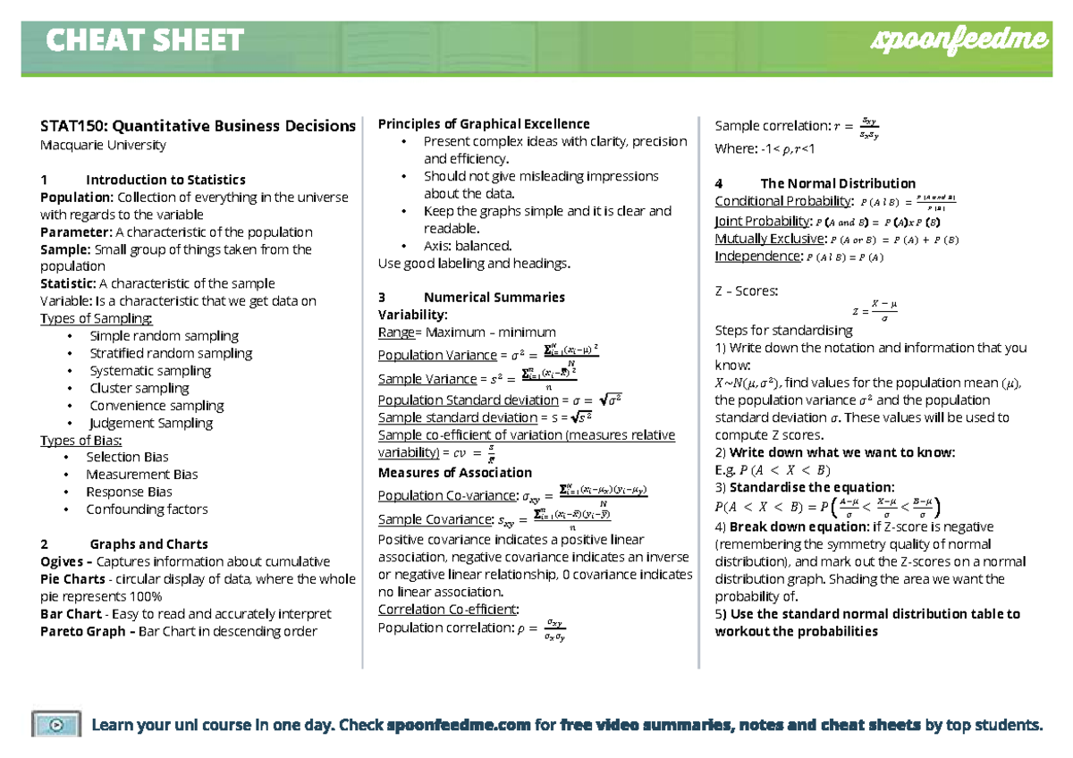 STAT150 Quantitative Business Decisions Cheatsheet - Learn your uni course in one day. Check ...
