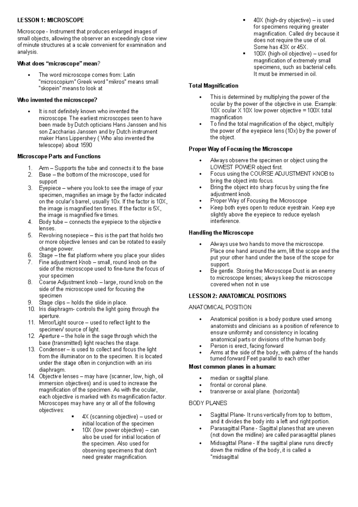 Review Notes - Revieer - LESSON 1: MICROSCOPE Microscope - Instrument ...
