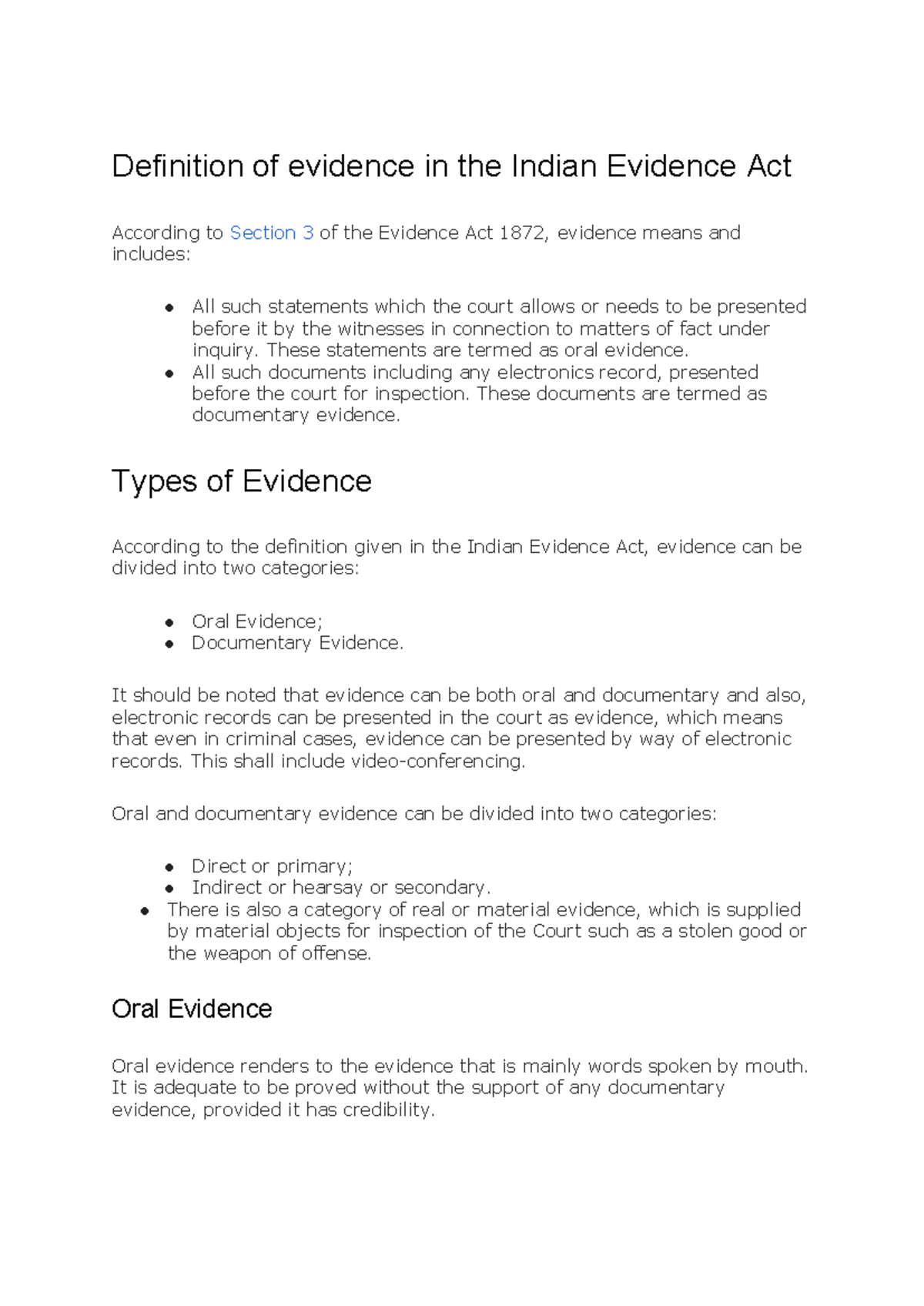 Law of evidence and type - Definition of evidence in the Indian ...