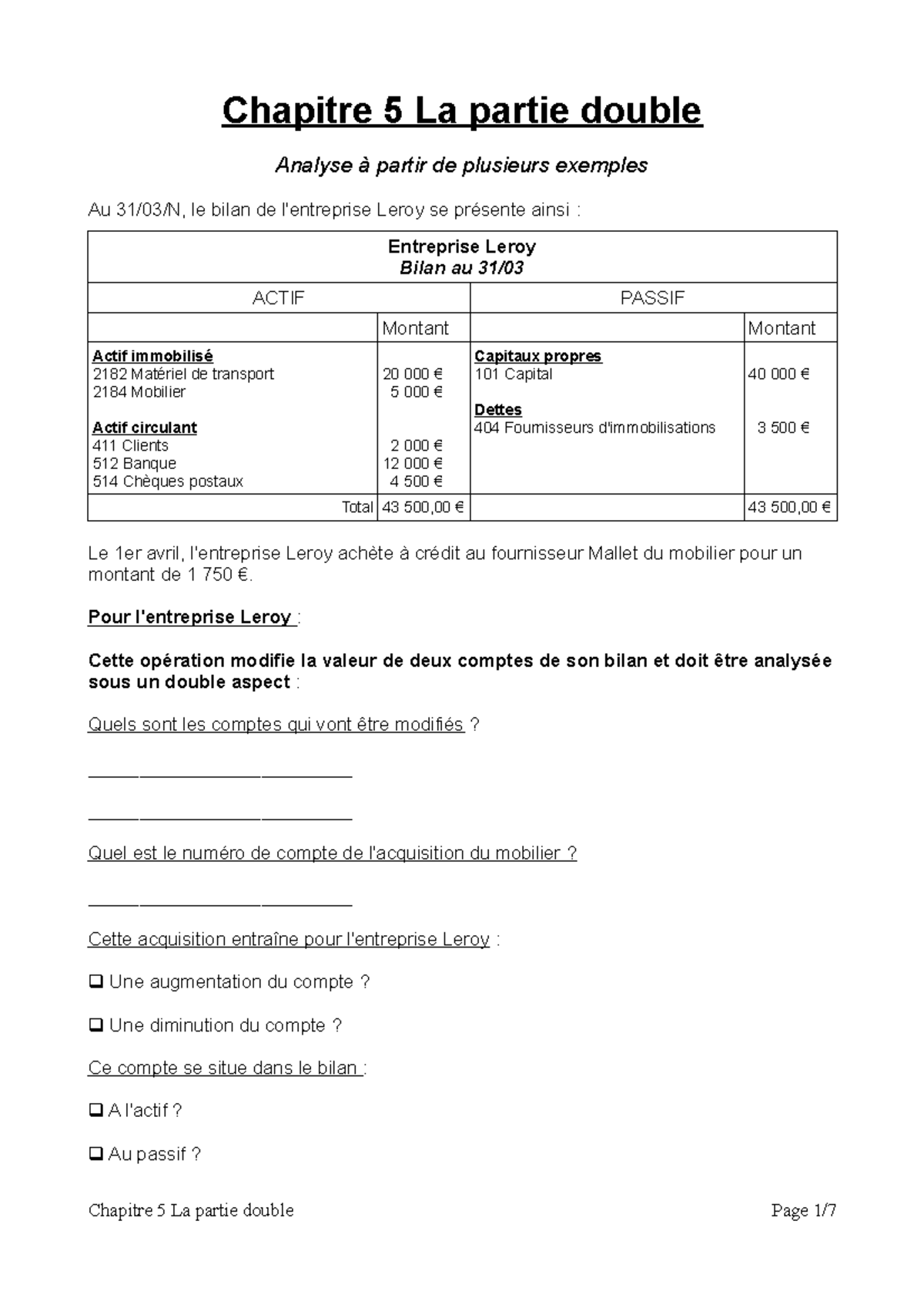 Chapitre 5 La partie double - Chapitre 5 La partie double Analyse à ...