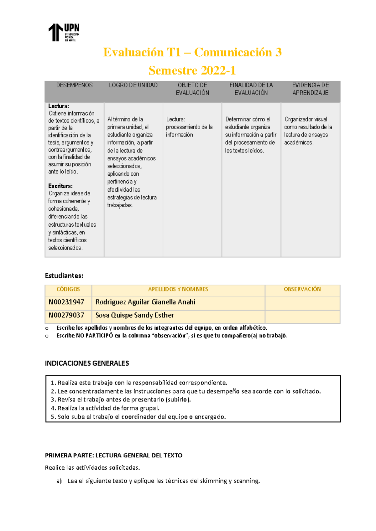 T1 Comunicacion 3 - Evaluación T1 – Comunicación 3 Semestre 2022- 1 DESEMPEÑOS LOGRO DE UNIDAD ...