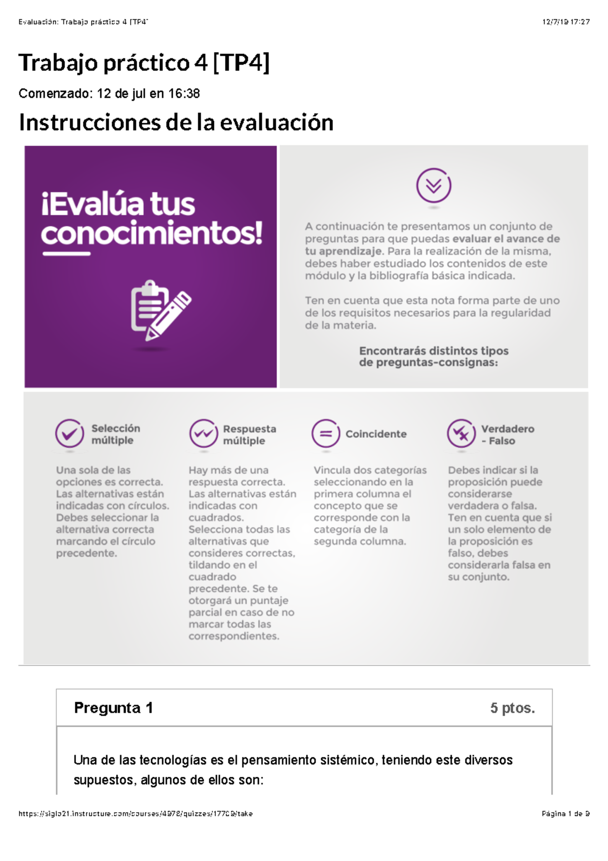 Evaluación: Trabajo práctico 4 [TP4] G y L - Trabajo práctico 4 [TP4] Comenzado: 12 de jul en 16 ...