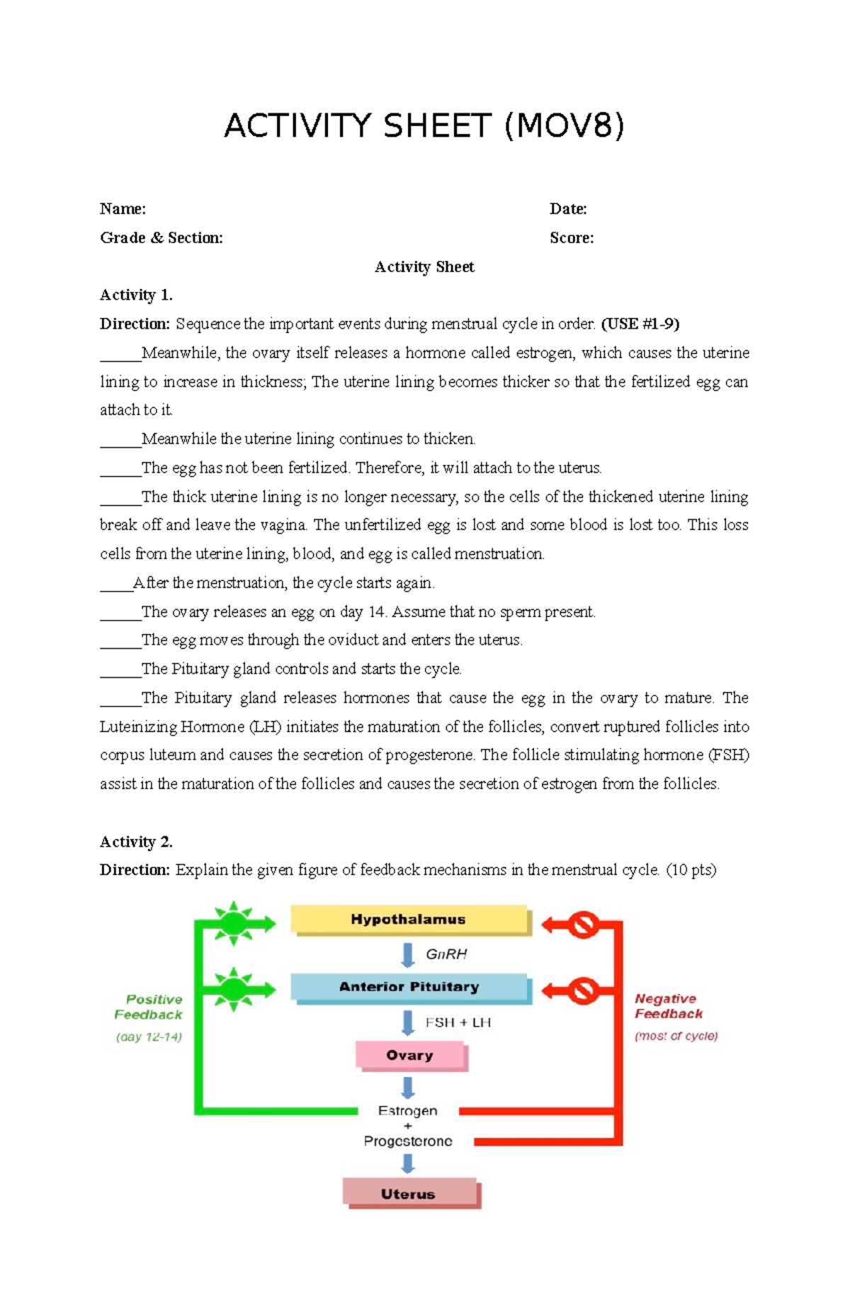 Quiz 1 - sample assessment - ACTIVITY SHEET (MOV 8 ) Name: Date: Grade ...
