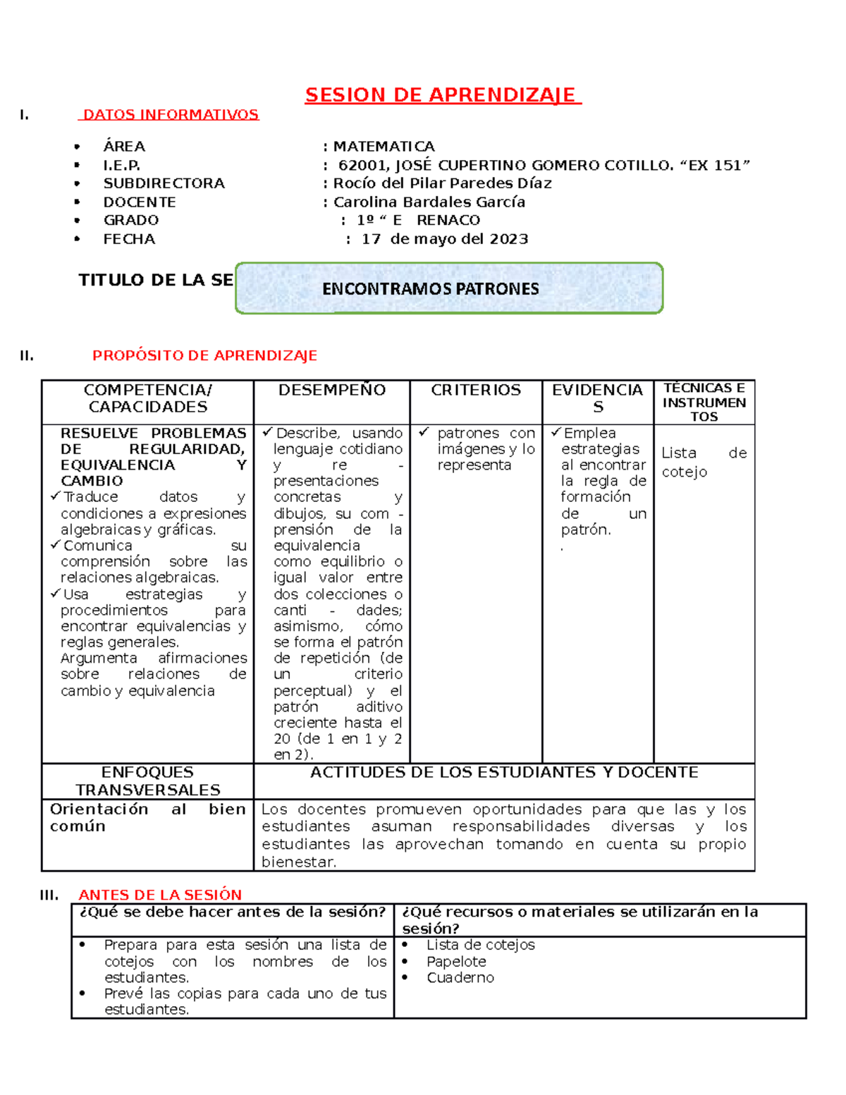 Encontramos Patrones - XNB JKSSN JDN CKJAN XNSKA - SESION DE APRENDIZAJE I. DATOS INFORMATIVOS ...