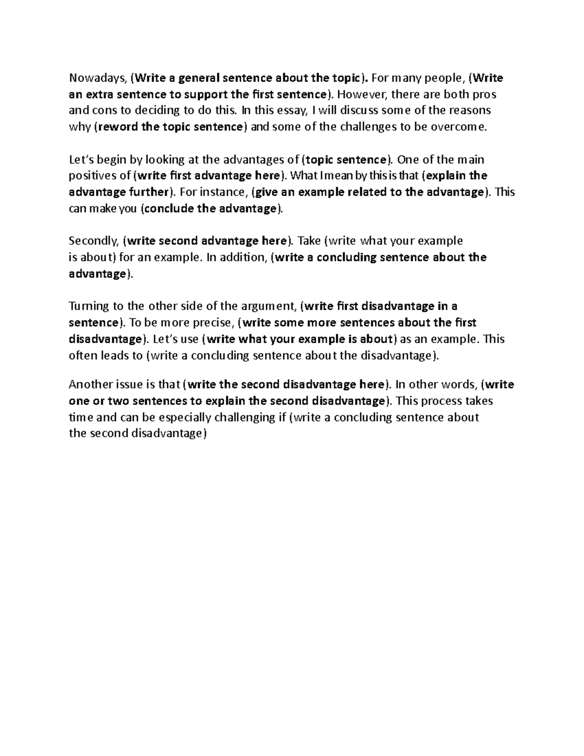 Adv and disadv - A template of pros and cons essay - Nowadays, (Write a ...