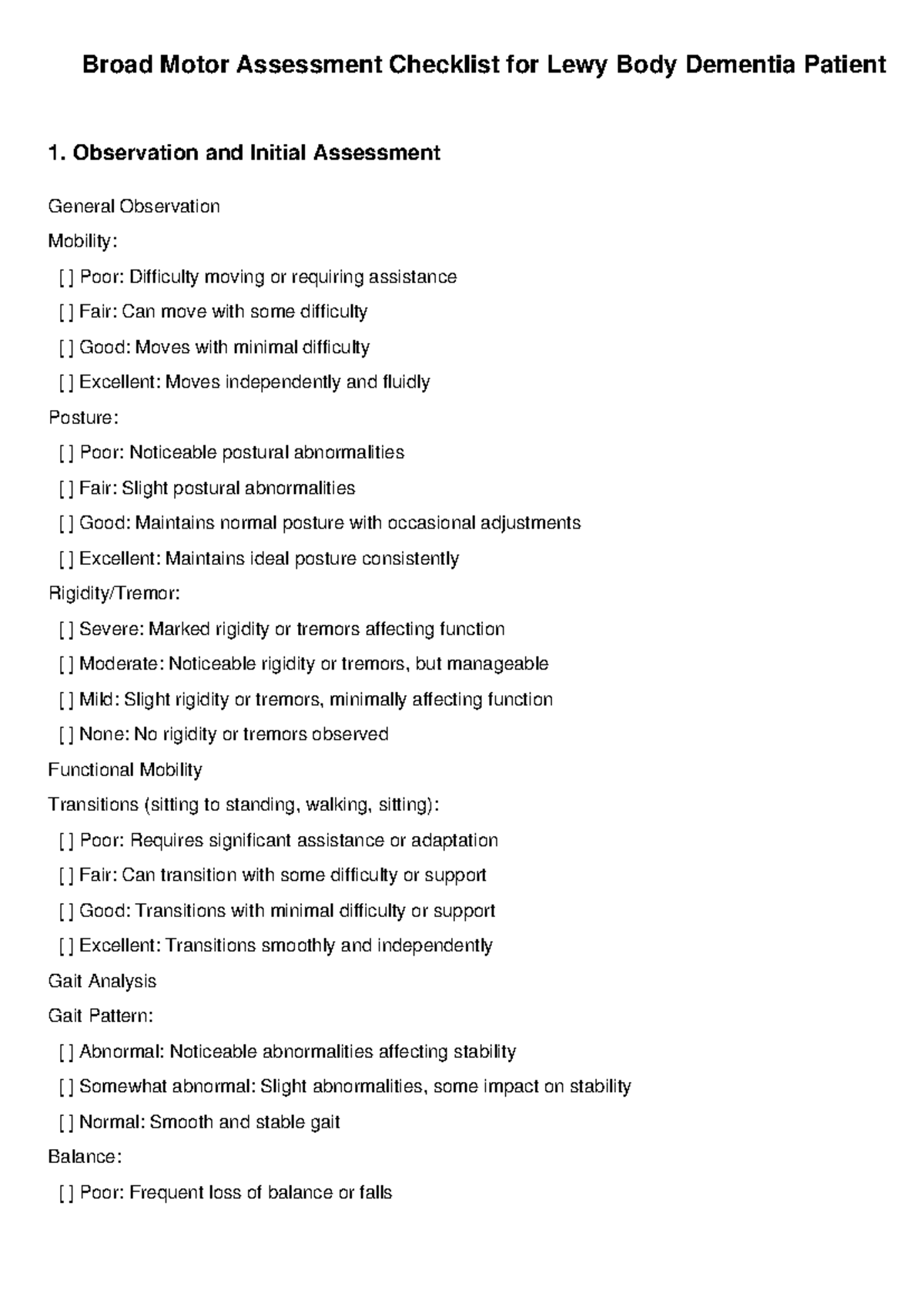 Lewy Body Dementia Motor Assessment Checklist - Broad Motor Assessment ...