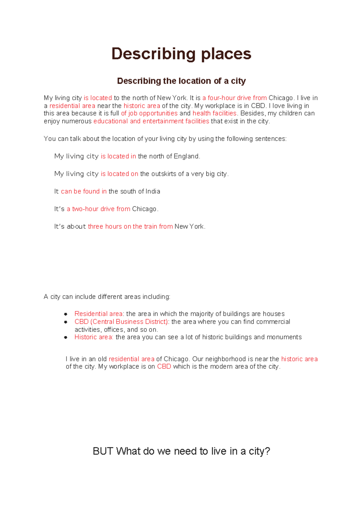 Describing places cities - Describing places Describing the location of ...