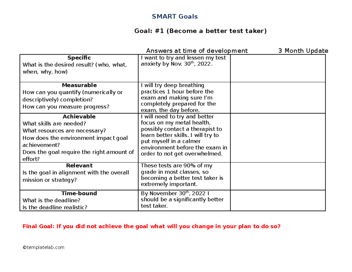 Smart Goals Template - SMART Goals Goal: #1 (Become a better test taker ...