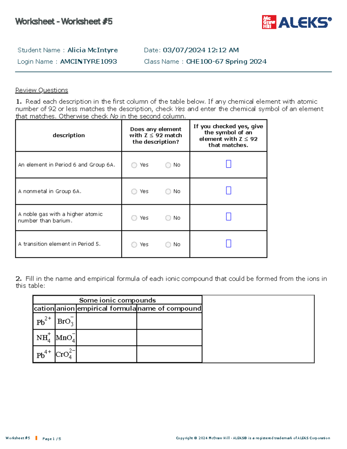 Worksheet 5 - Worksheet - Worksheet Student Name : Alicia McIntyre Date ...