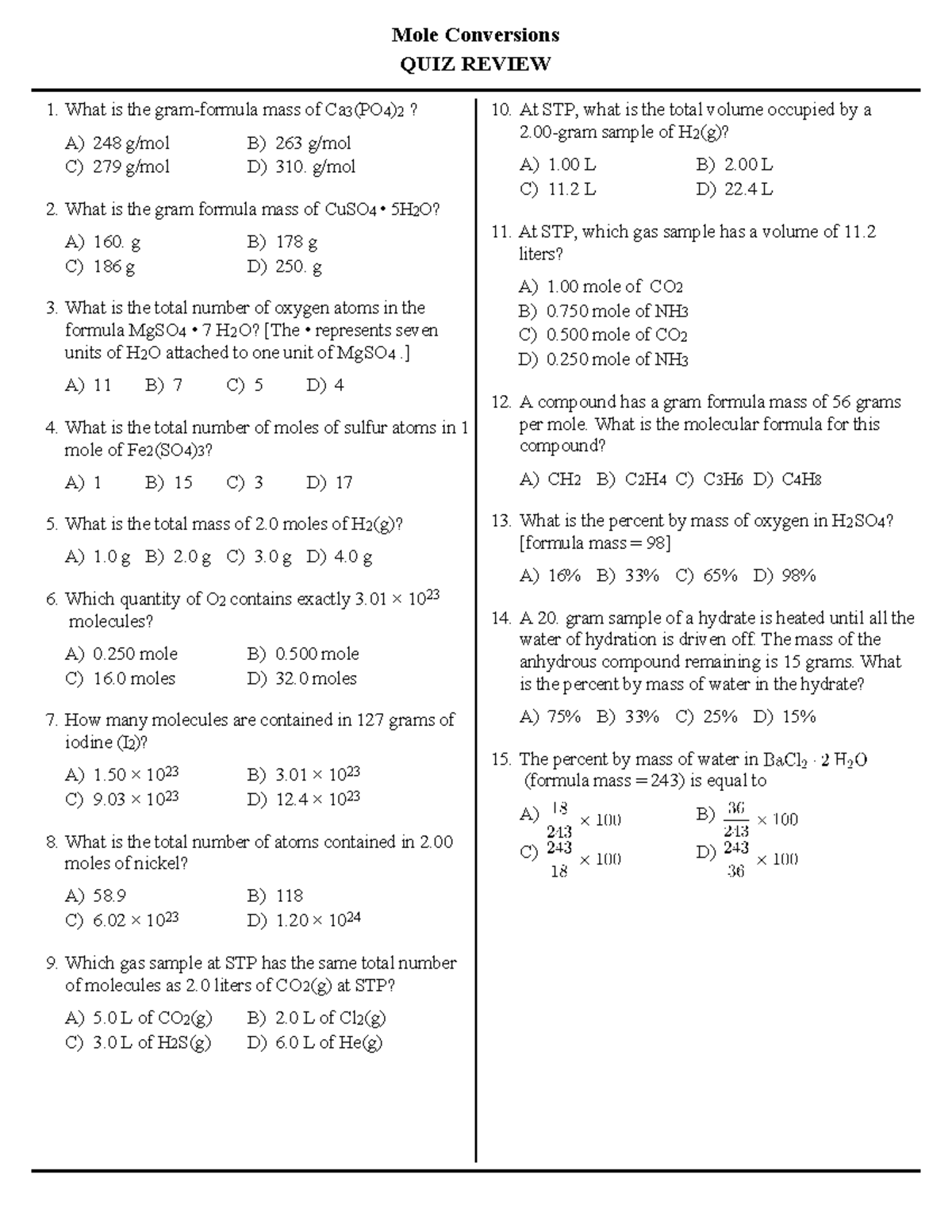 Mole Quiz Review - Mole Conversions QUIZ REVIEW A) 248 g/mol B) 263 g ...