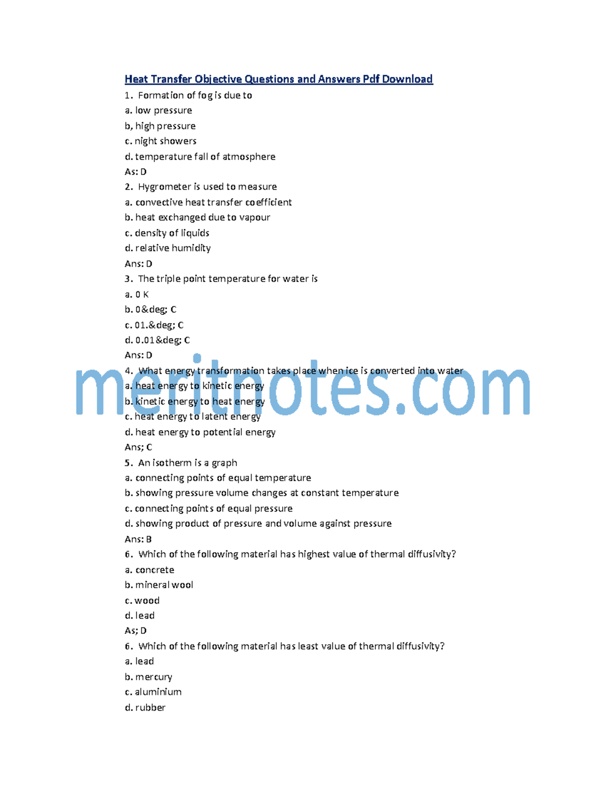 Heat transfer objective questions answers - Heat Transfer Objective ...