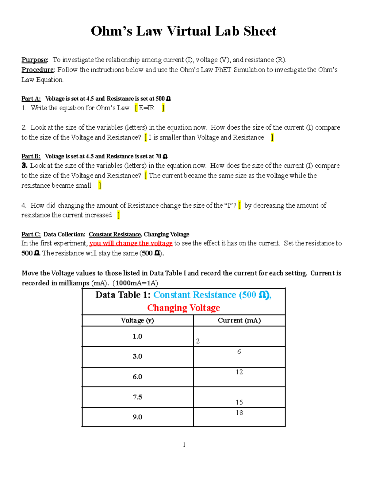 Copy of Ohm's Law Virtual Lab Sheet - Ohm’s Law Virtual Lab Sheet ...