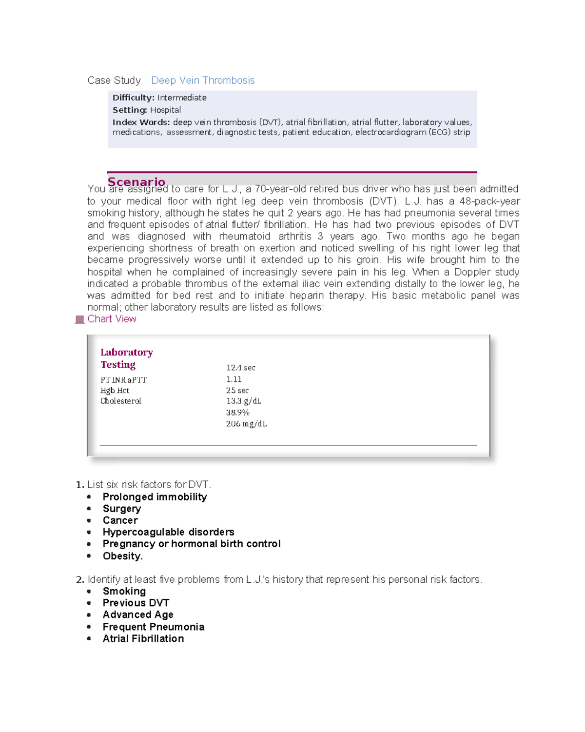 Module 2 Case Study Deep Vein Thrombosis - Scenario Case Study Deep ...
