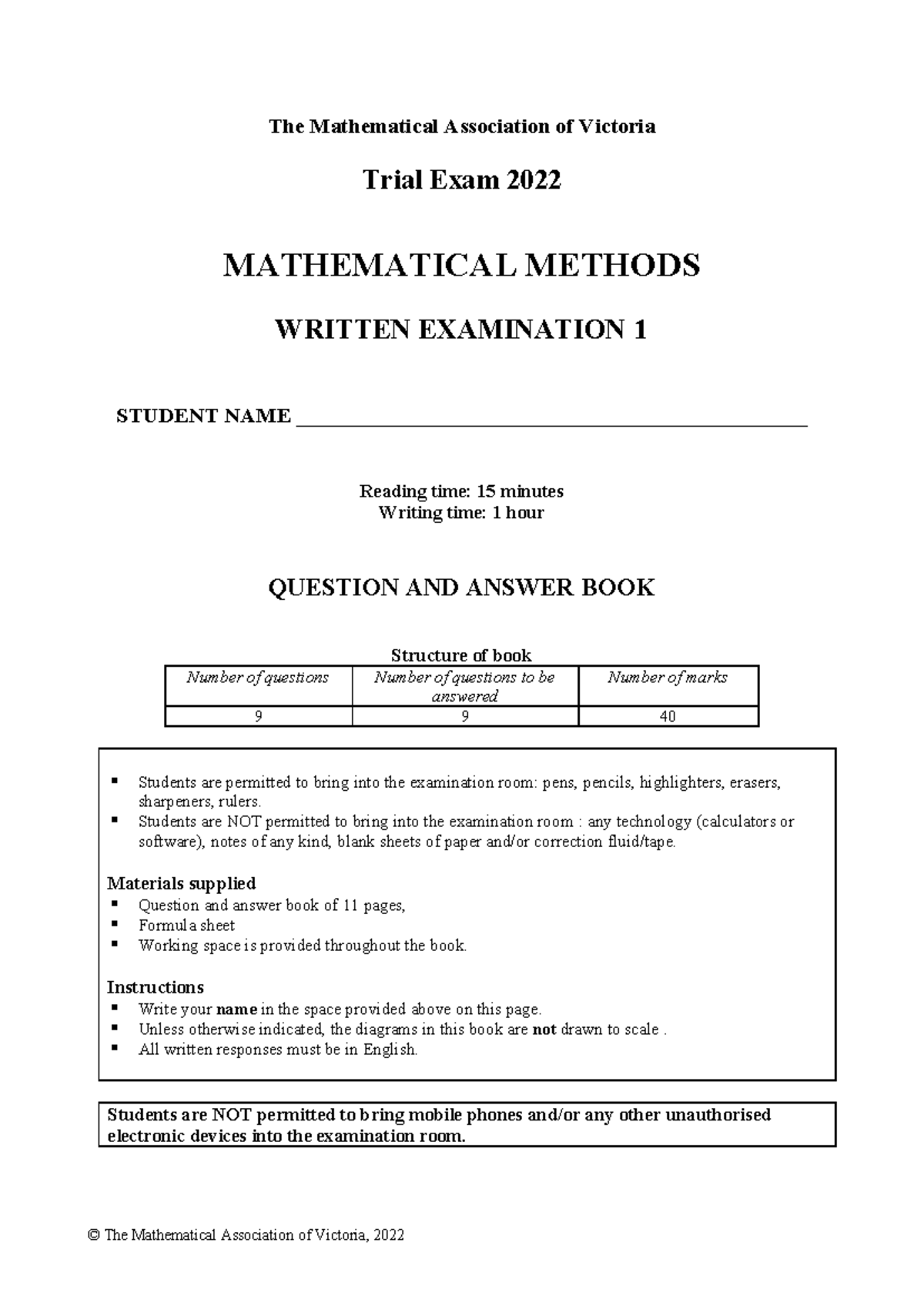2022 MAV Maths Methods Trial Exam 1 - The Mathematical Association of ...