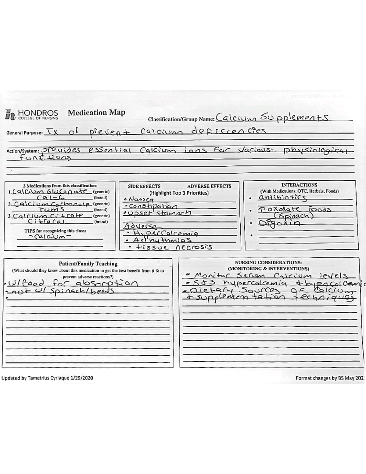 Week 3 med sheets - Notes - HONDROS Medication Map COLLEGE OF NURSING ...