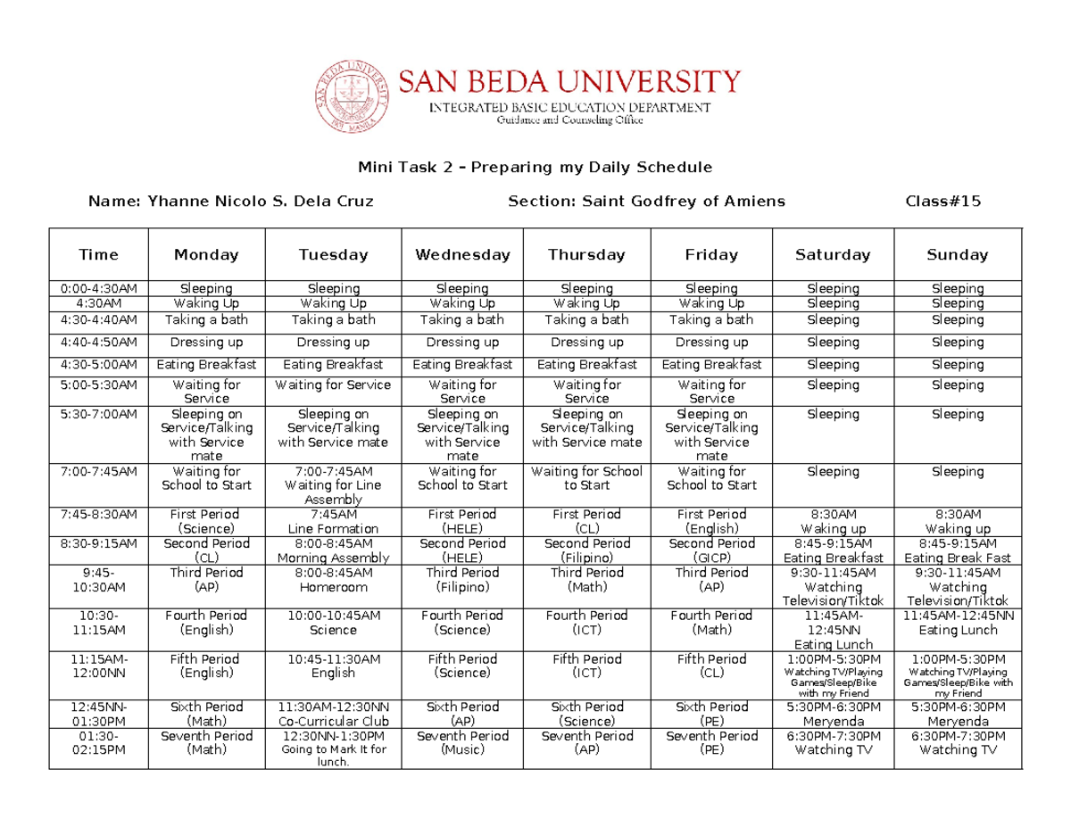 1st quarter mini task 2 1 1 - Mini Task 2 – Preparing my Daily Schedule ...