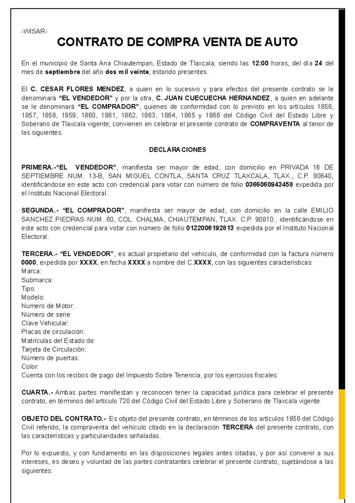 Formato DE Contrato DE Compraventa DE Automovil - Derecho ...