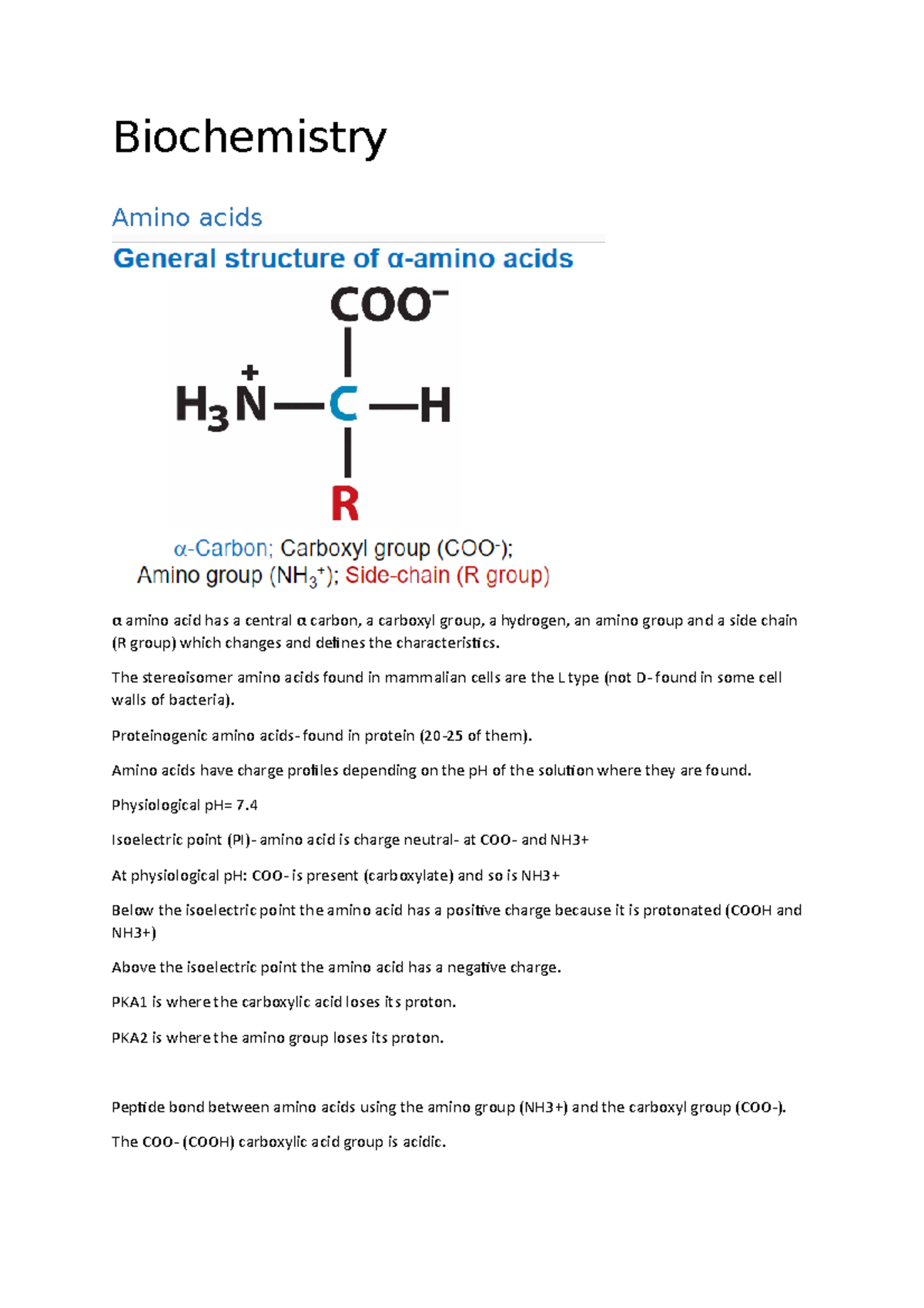 Biochemistry - Biochemistry Amino acids α amino acid has a central α ...