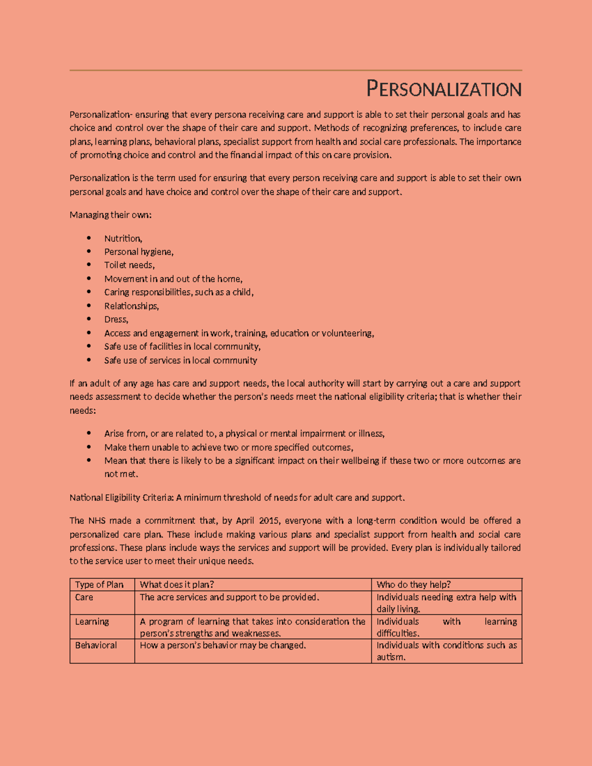 Personalization of care - PERSONALIZATION Personalization- ensuring ...