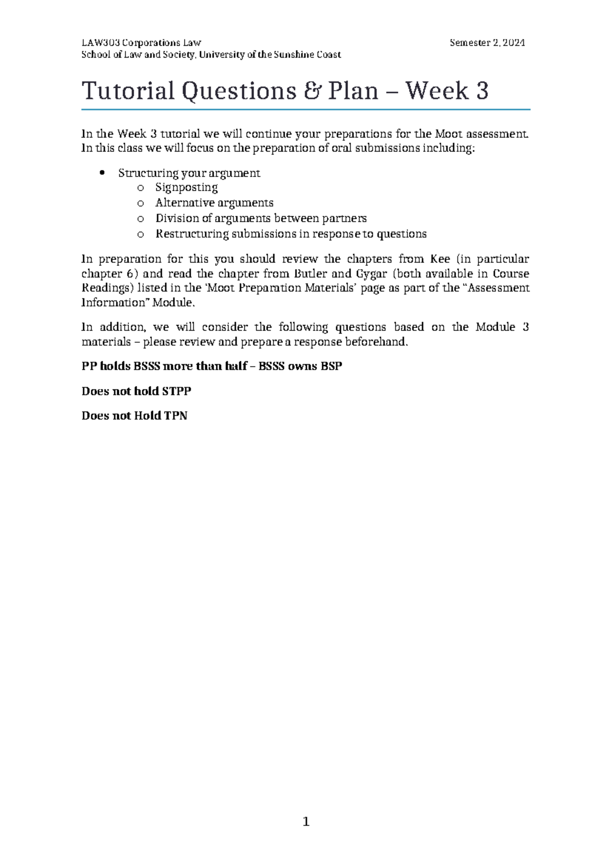 LAW303 Week 3 Tutorial Outline and Questions - School of Law and ...