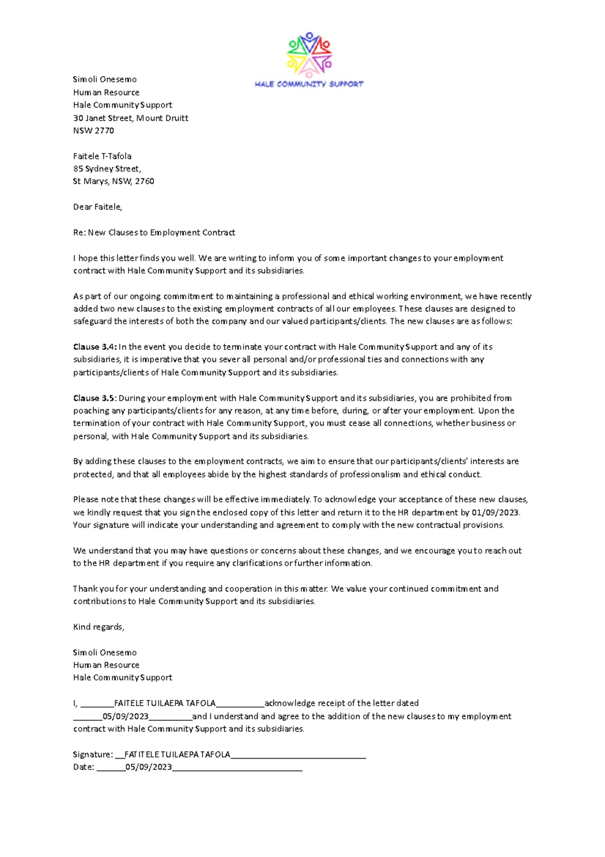 New clauses letter - notes - Simoli Onesemo Human ResourceHale ...