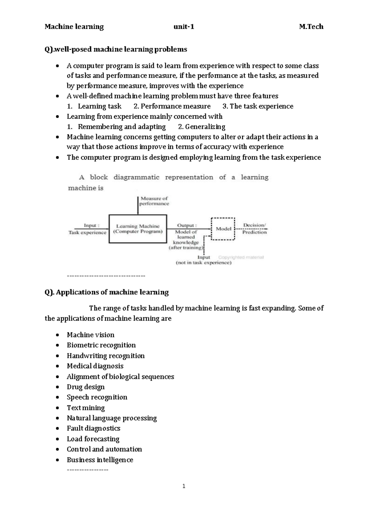 ML mtech unit-1 - Machine learning lecture notes - Machine learning ...