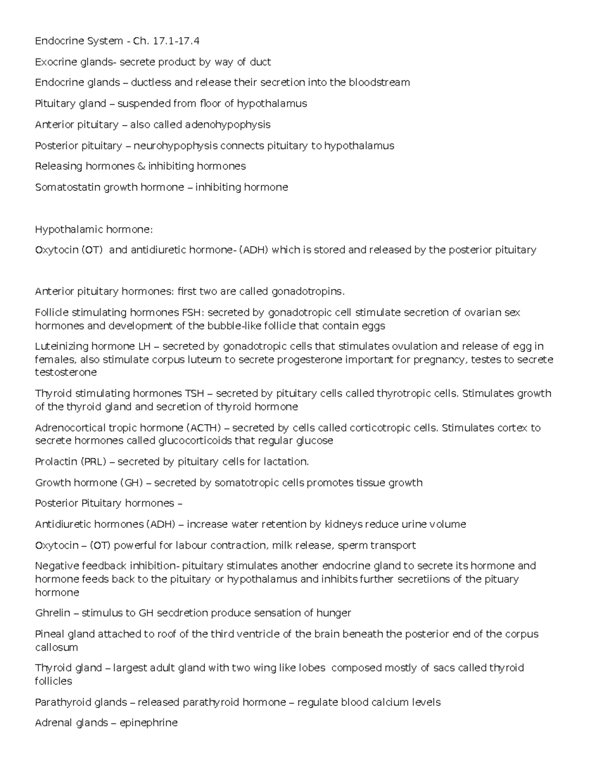Endocrine System - notes - Endocrine System - Ch. 17-17. Exocrine ...
