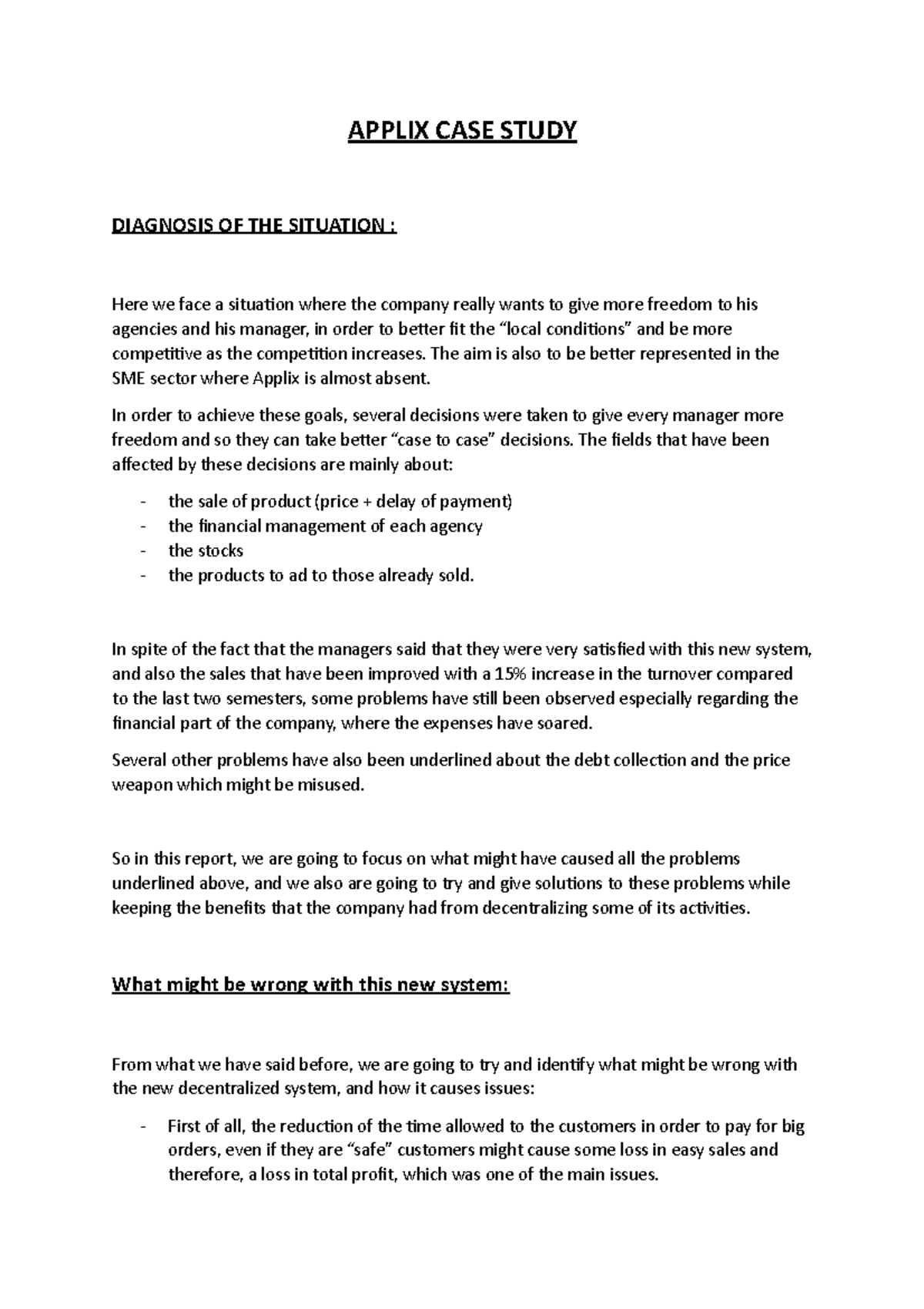 Applix Case Study - management accounting - APPLIX CASE STUDY DIAGNOSIS OF THE SITUATION : Here ...