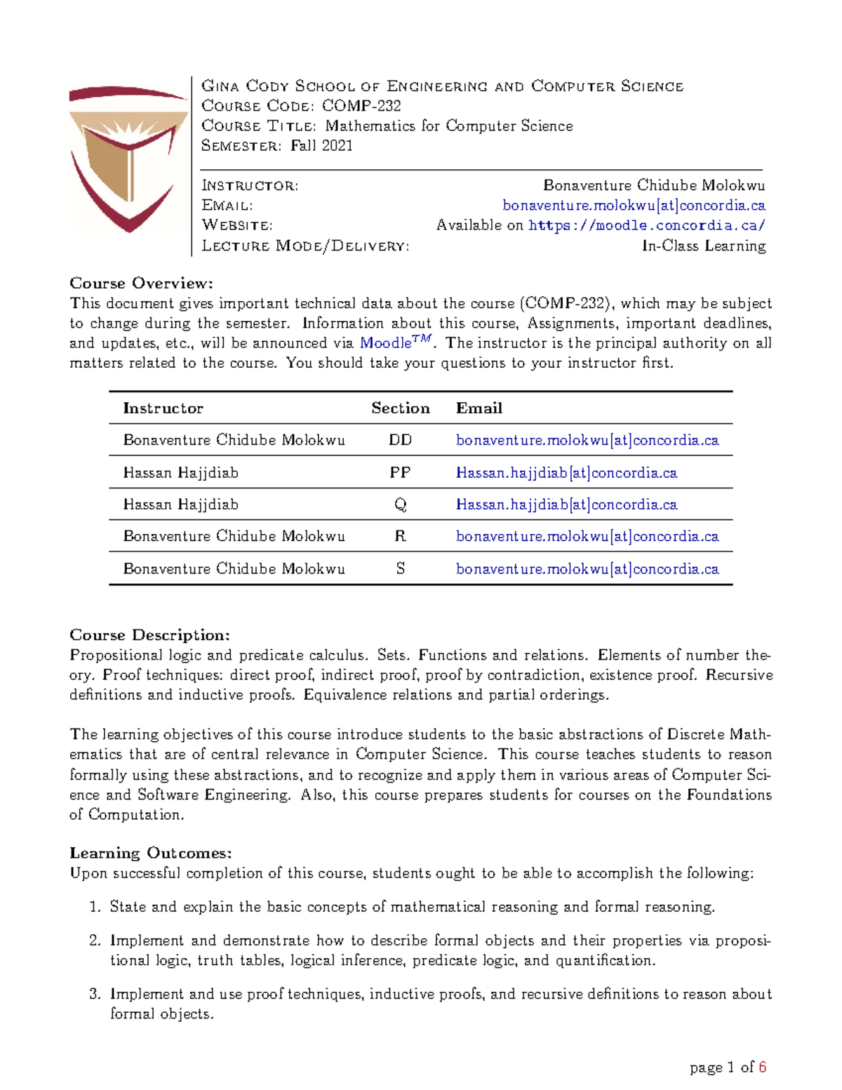 COMP-232 Course Outline - Gina Cody School of Engineering and Computer Science Course Code:COMP ...