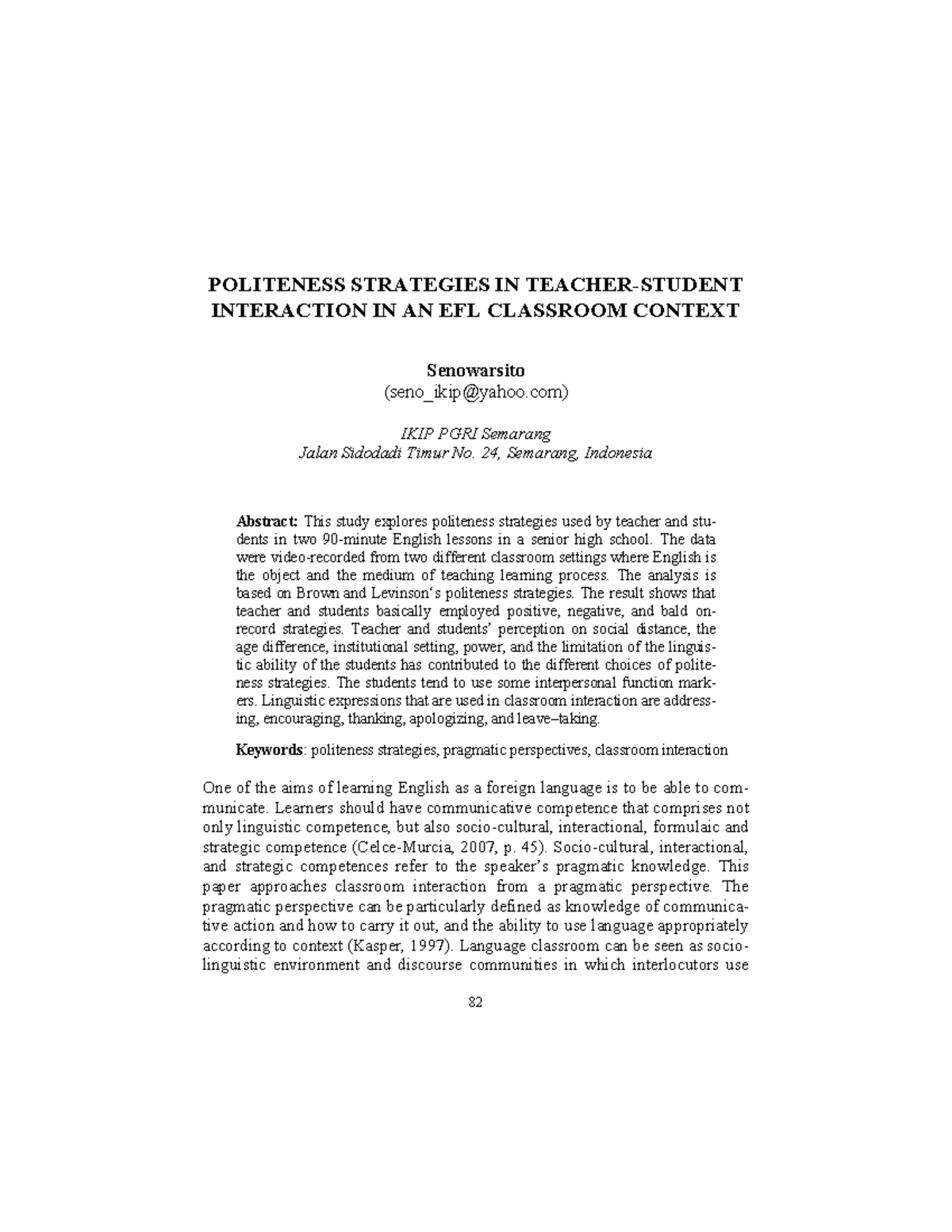 Politeness Strategies IN Teacher- Student Interaction IN AN EFL ...