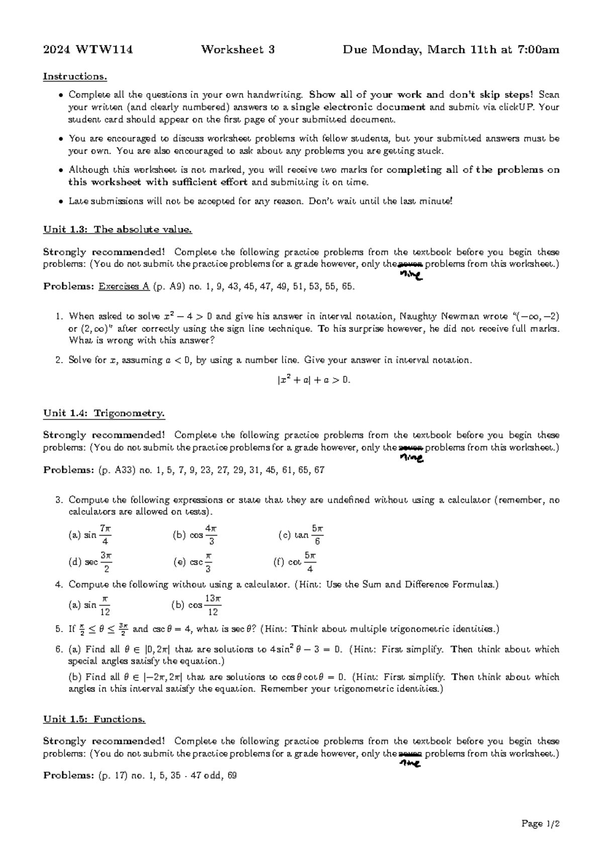 Worksheet 3 Memo - 2024 WTW114 Worksheet 3 Due Monday, March 11th at 7 ...