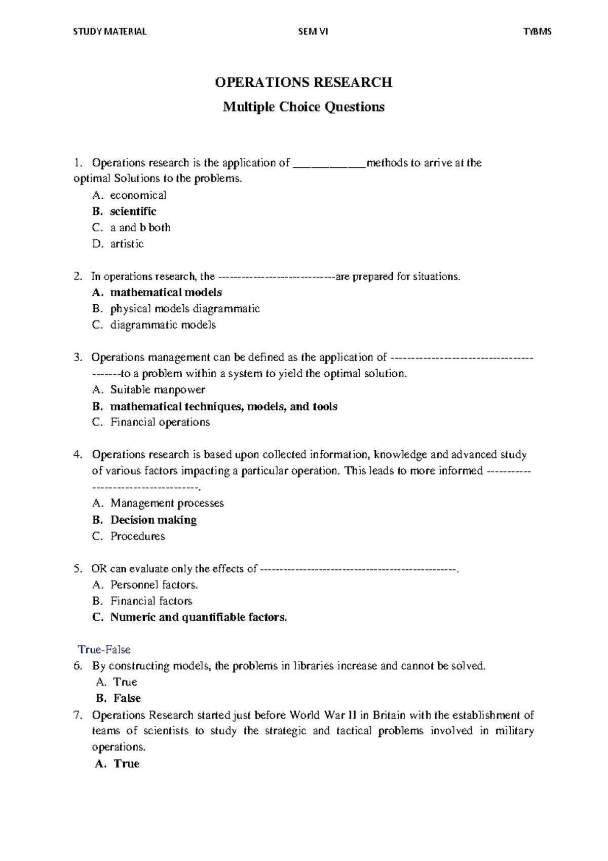 Tybms SEM VI OR Study Material - OPERATIONS RESEARCH Multiple Choice ...