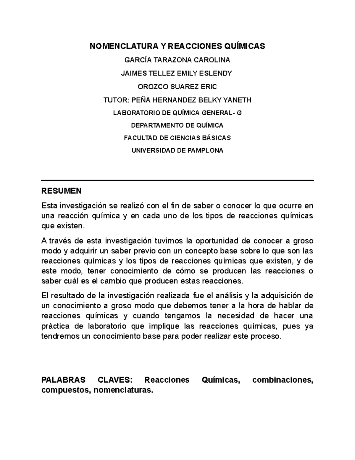 Informe Nomenclatura Y Reacciones Químicas - NOMENCLATURA Y REACCIONES QUÍMICAS GARCÍA TARAZONA ...
