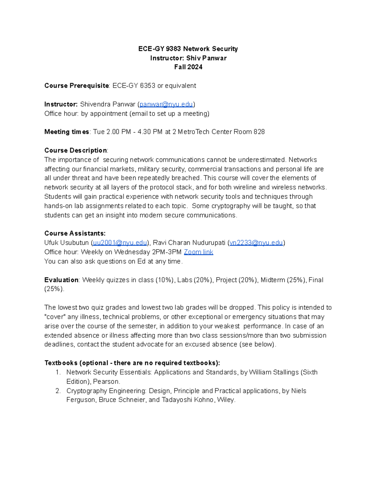 Syllabus - Fall 2024 - Network Security - ECE-GY 9383 Network Security ...