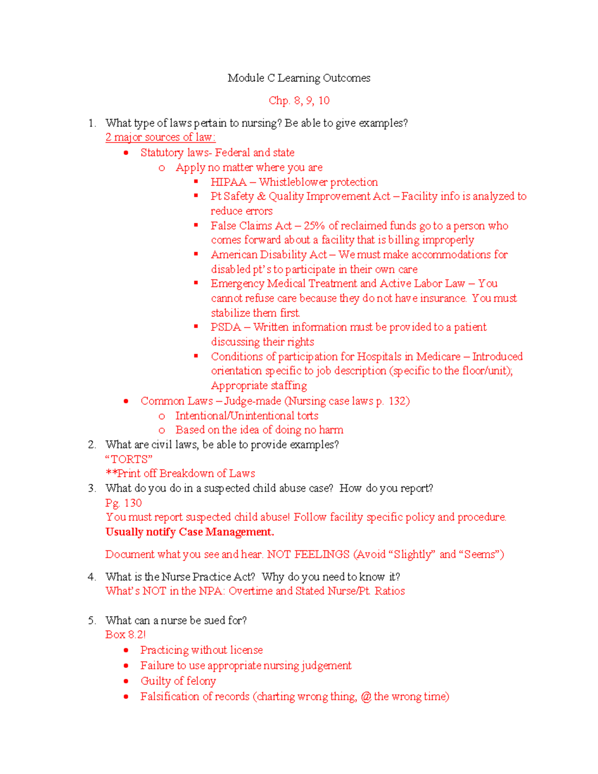 Module C Learning Objectives - Module C Learning Outcomes Chp. 8, 9, 10 ...