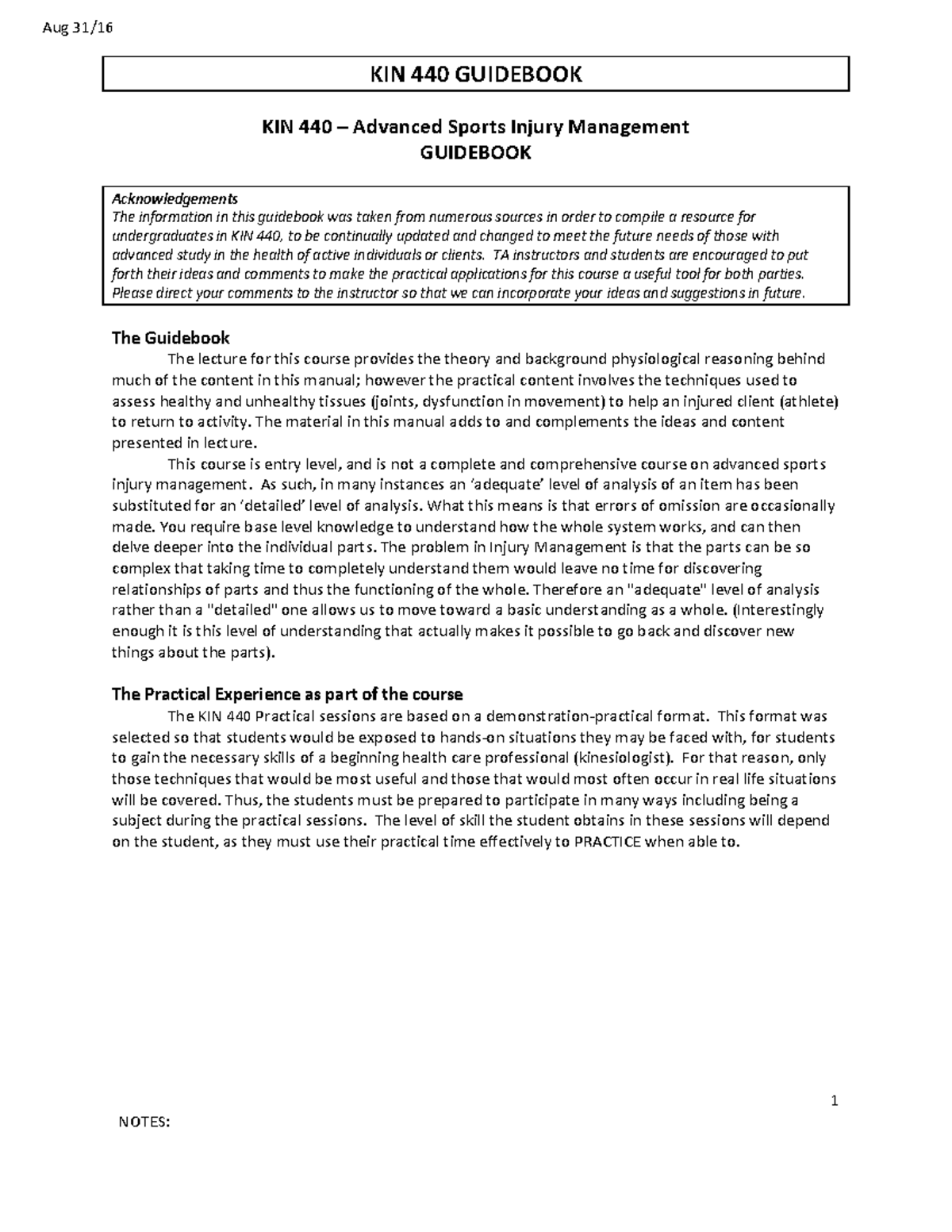 440 Guidebook 2 - notes - KIN 440 GUIDEBOOK 1 KIN 440 – Advanced Sports ...