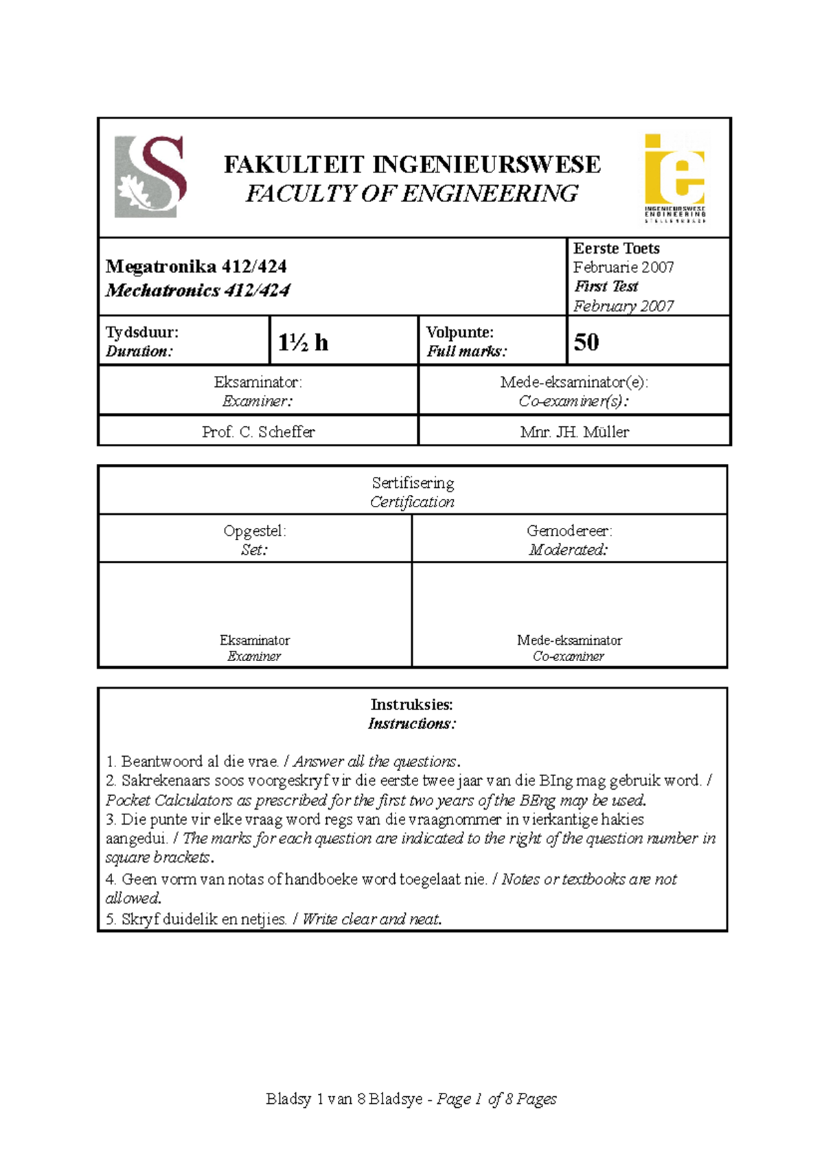 Sample/practice exam 2014, questions - FAKULTEIT INGENIEURSWESE FACULTY ...
