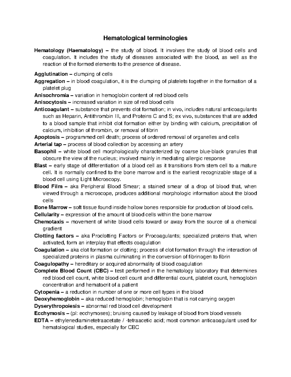 M1 Hema Terminologies - Hematological terminologies Hematology ...