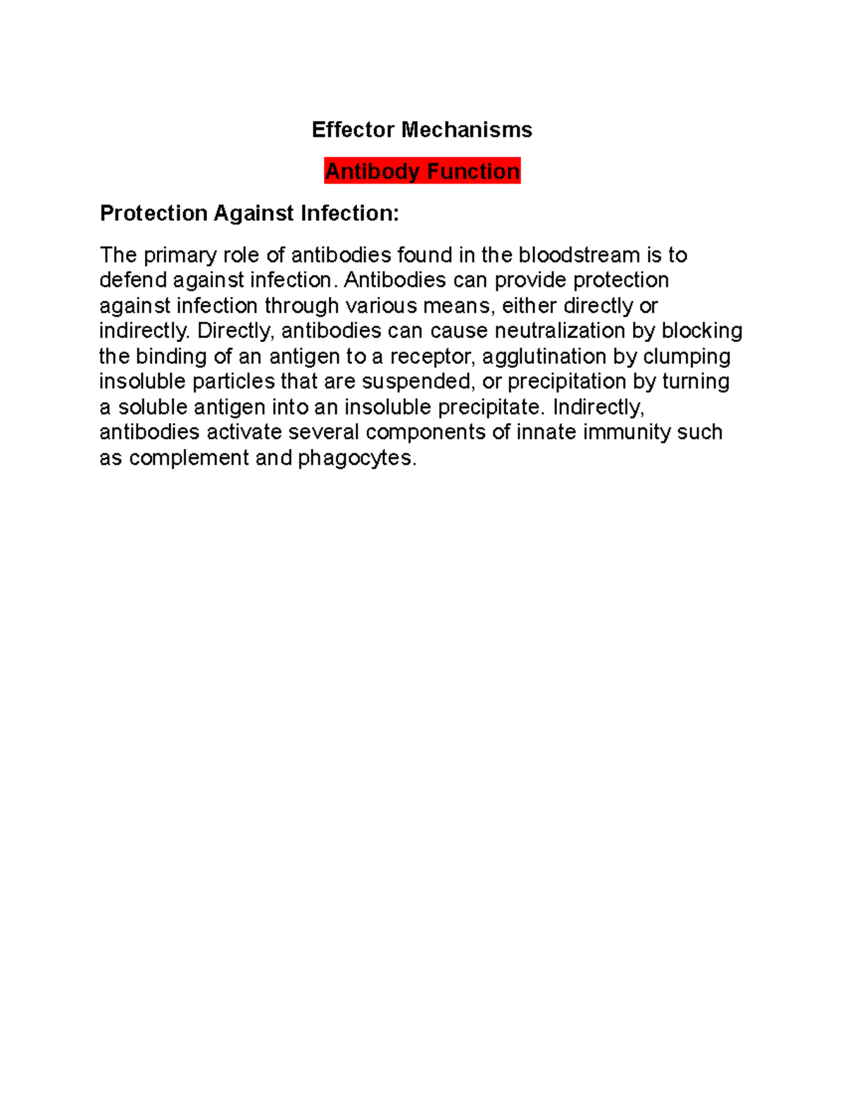 Effector Mechanisms - Notes - Effector Mechanisms Antibody Function ...
