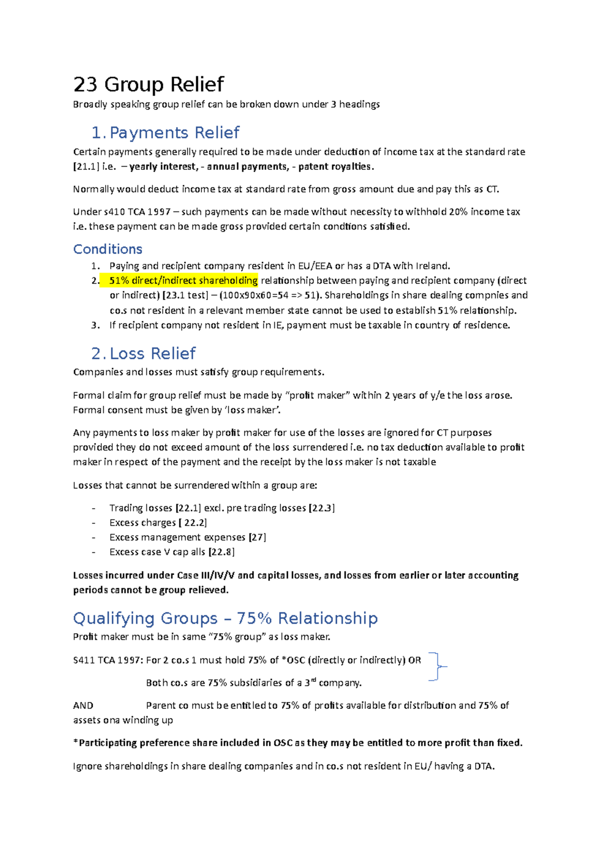 23. Group relief - 23 Group Relief Broadly speaking group relief can be ...