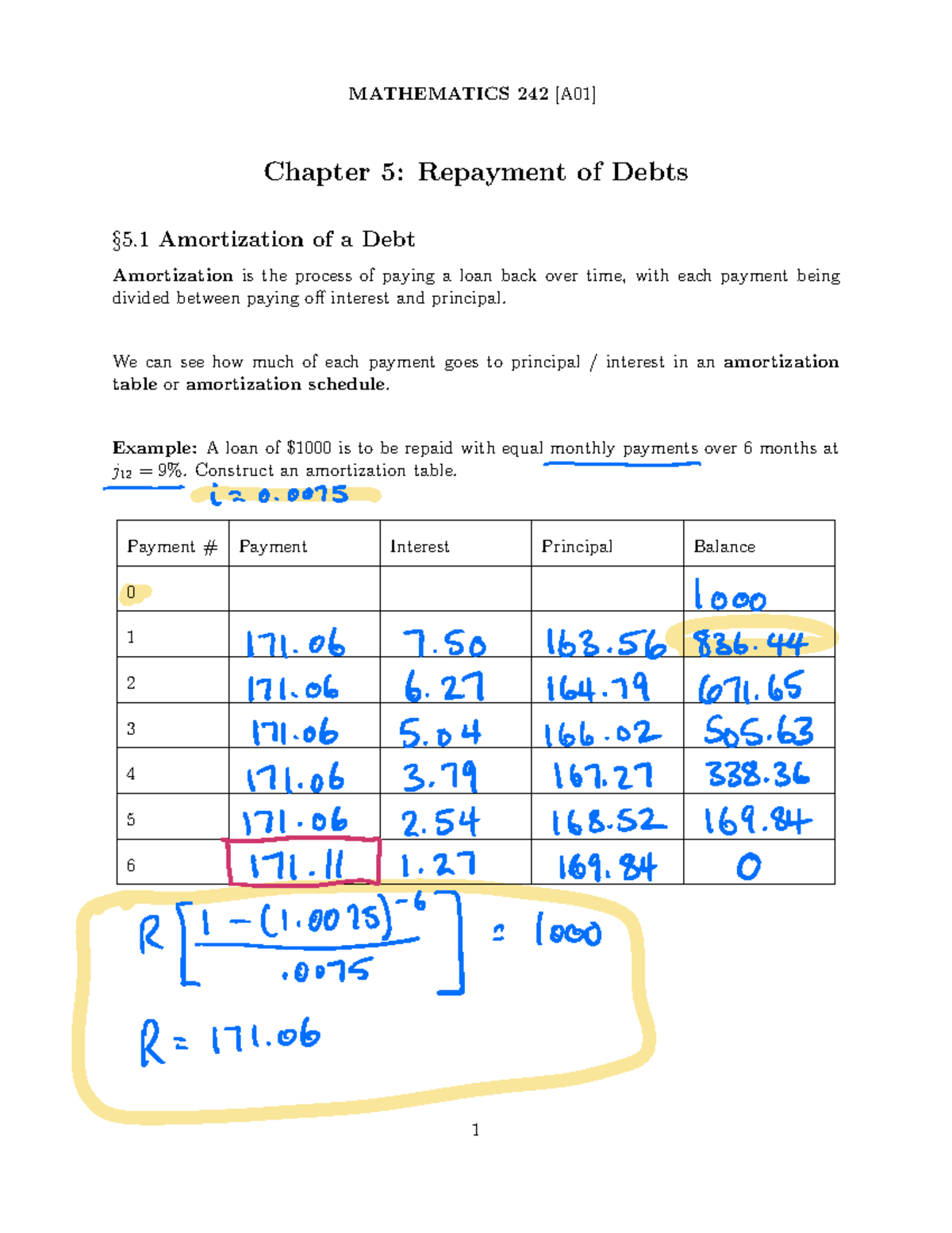 5.1 and 5.2 completed notes - MATHEMATICS 242[A01] Chapter 5: Repayment ...