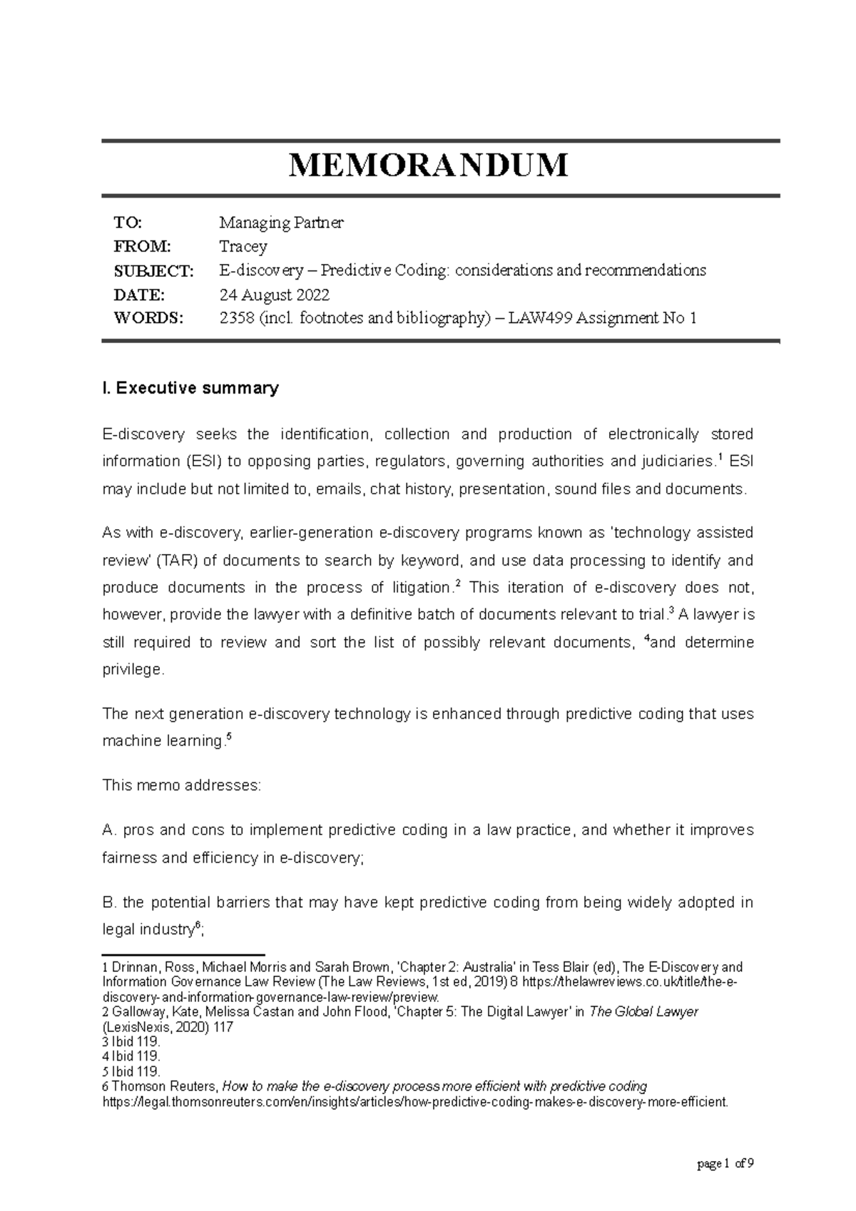 Law 499 - Assignment 1 - 2022 for uploading - MEMORANDUM TO: Managing ...