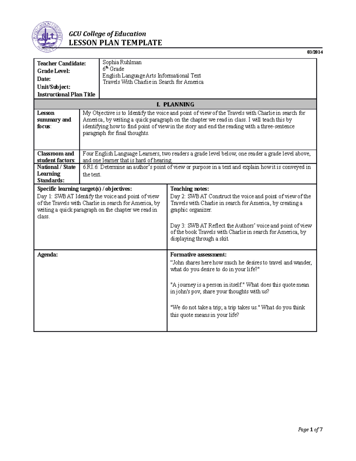Bnechmaark lesson plan - GCU College of Education LESSON PLAN TEMPLATE ...