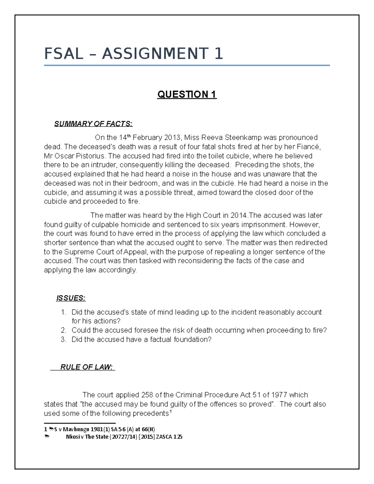 FSAL Assignment 111 Final - FSAL – ASSIGNMENT 1 QUESTION 1 SUMMARY OF ...