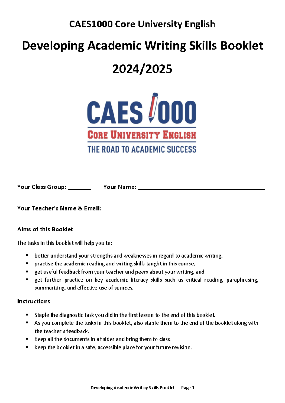 Developing Academic Writing Skills Booklet 2425 Sem1 Ss - CAES1000 Core ...