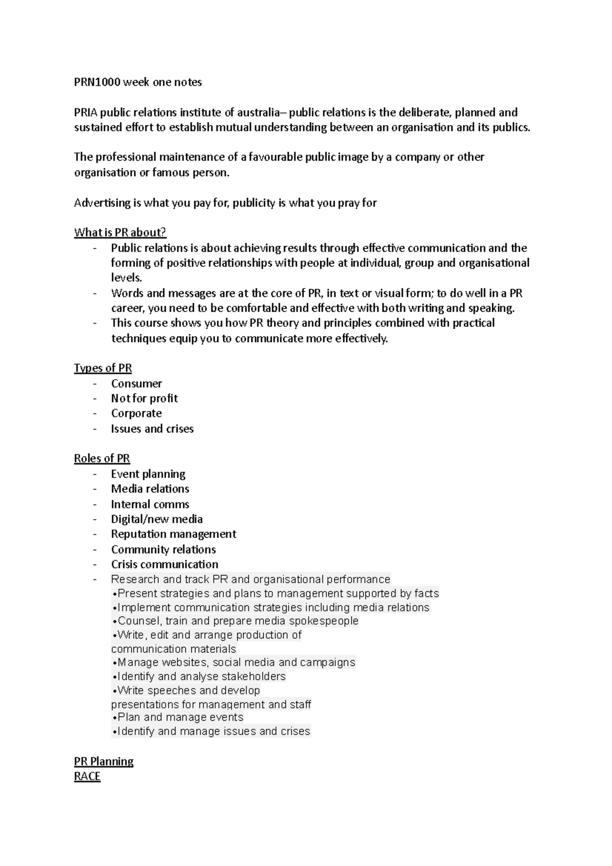 PR1000 week 1 Notes - PRN1000 week one notes PRIA public relations ...